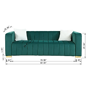 JUSTONE Modern Sofa Couch for Living Room, Mid Century 3-Seater Velvet Chesterfield Sofa, Upholstered Couch with Gold Leg&Pillows for Apartment, Office,Easy to Install- Dark Green