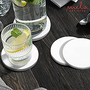 Mela Artisans Set of 4 Hand Crafted Marble Coasters - White, Round | Coffee Table Decor | Absorbent Keeping Surfaces Dry & Safe | Ideal for Wine Glasses, Water Cups or Beer Mugs