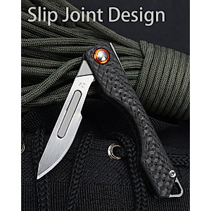 ainhue A32-CF Compact Slip Joint Scalpel Folding Pocket Knife, 10pcs #24 Replaceable Blade, 3.2 inches Contoured Carbon Fiber Handle with Lanyard, Utility EDC Keychain Box Opening Knives