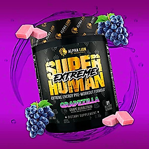 ALPHA LION Superhuman Extreme Pre Workout Powder, Beta Alanine, L-Taurine & Tri-Source Caffeine for Sustained Energy, Nitric Oxide & Citrulline for Pump (21 Servings, Grape Flavor)