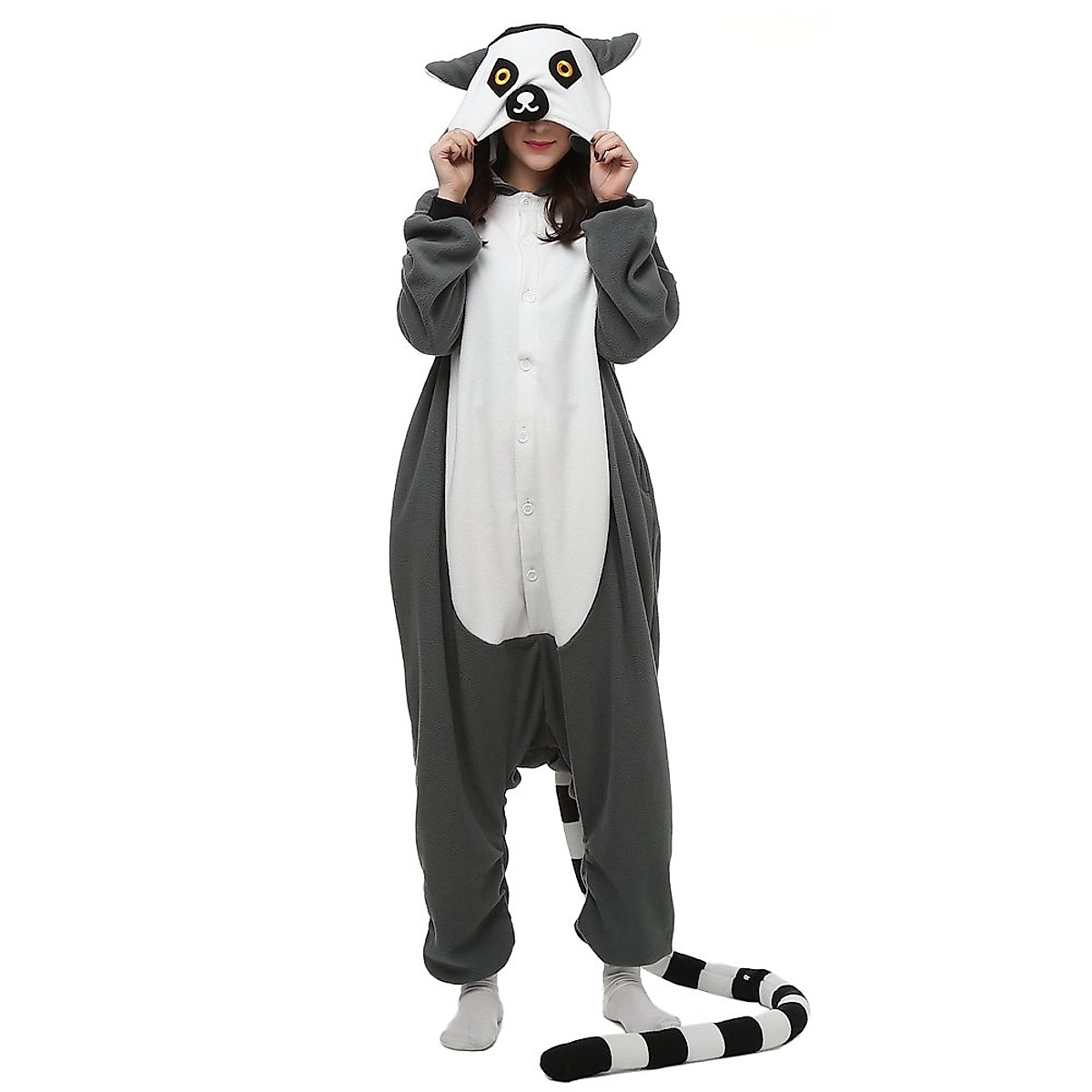 Unisex Adult Onesie Lemur Animal Pajamas One-Piece Cosplay Costume Women Man Halloween S