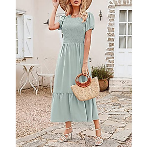 Annebouti 2023 Women's Summer Puff Short Sleeve Dress Modest Flowy A Line Ruffle Tiered Long Casual Smocked Maxi Dress with Pockets Solid Light Green S