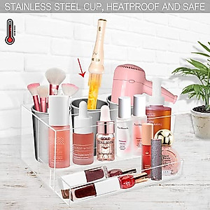 Hair Tool Organizer, Clear Acrylic Hair Dryer Holder and Hair Tools Organizer with Drawer, Bathroom Vanity Countertop Storage Organizer for Blow Dryer, Curling Irons, Makeup, Toiletries (Clear)