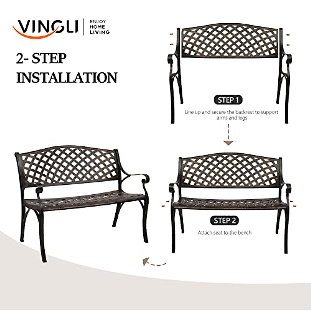 VINGLI 40.5" Patio Garden Bench,Anti- Rust Cast Iron Cast Aluminum Frame for Outdoor Path Yard Lawn Work Entryway Decor Deck,Bronze