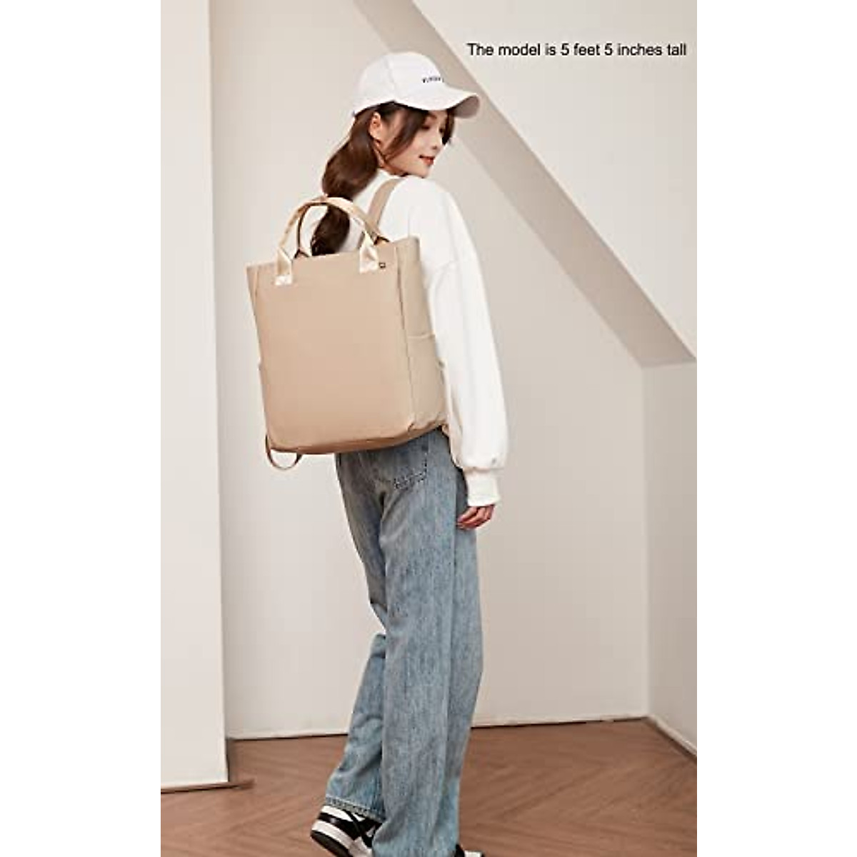 LORADI Convertible Laptop Tote Bag, Faux Leather Backpack Fit for 14 inches Laptop, Beige