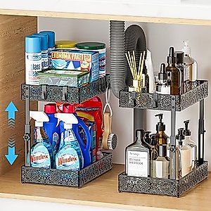 Iirios Under Sink Organizers and Storage, Height Adjustable 2-Tier Bathroom Cabinet Organizer, Metal Bathroom Sink Organizer with 4 Hooks, Multi-use Under Sink Storage for Bathroom Kitchen, 2 Pack