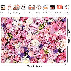 Pink Floral Photography Backdrop Mother's Day Decoration 7x5FT Flower Wall Photo Background for Girls Bridal Wedding Baby Shower Birthday Party Cake Tables Decoration Studio Props