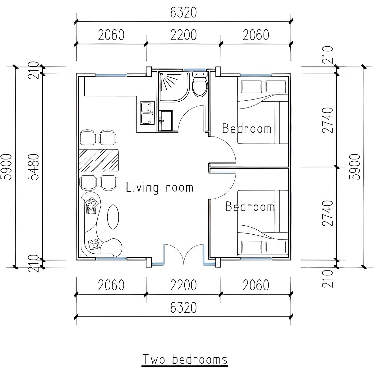 20ft Portable Container Prefab Mobile House with 2 bedrooms, 1 Bath, Kitchen, Windows and Doors (Customizable) for Outdoor Use, Adult Living and Storage with Steel Frame.