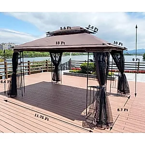 JINS&VICO 13x10 ft Gazebo Double Roof Canopy with Netting and Shaded Curtains, Outdoor Gazebo 2-Tier Hardtop Galvanized Iron Aluminum Frame Garden Tent for Patio, Backyard, Deck and Lawns, Brown