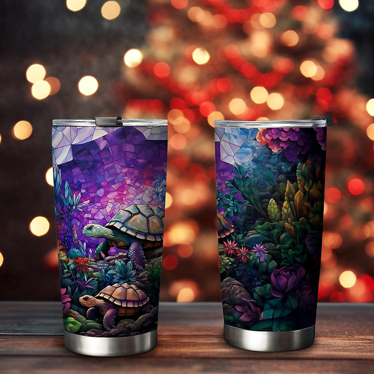 20oz Purple Stained Glass Flower Sea Turtle Tumbler, Gifts for Turtle Lovers, Ocean, Beach Gifts, Coffee Thermos for Women, Stainless Steel Double Wall Vacuum Insulated Coffee Mug, Travel Cup with Lid