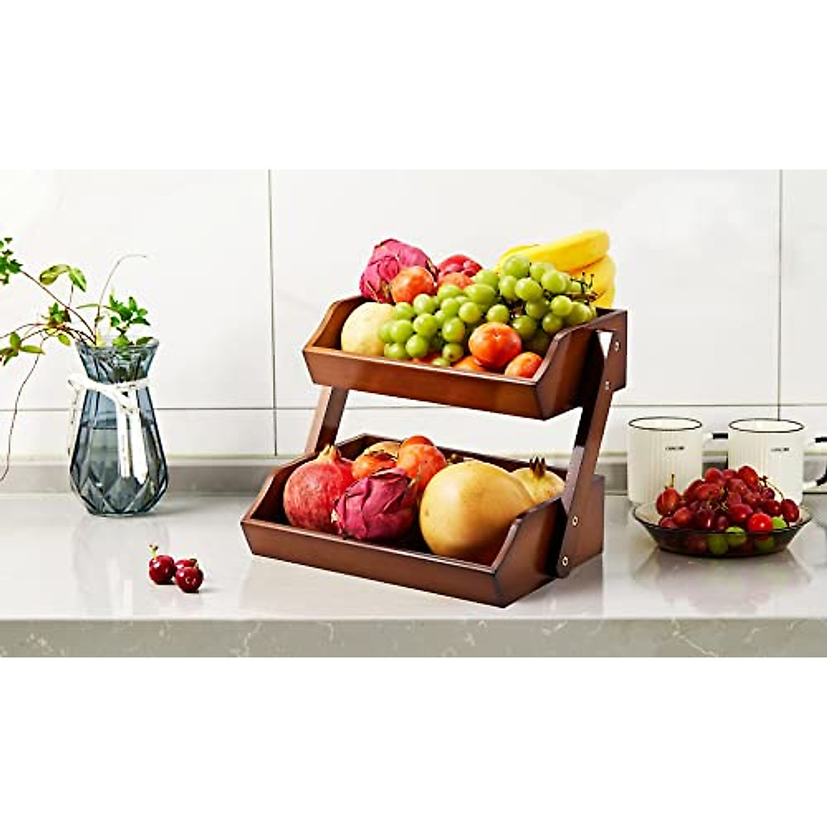 Sushineibor Bamboo Fruit Basket Stand Storage for Kitchen，Large Capacity Home Countertop Standing Wooden Organizer Bread Vegetable Holder Veggies Display Snacks Food Rack (Brown)