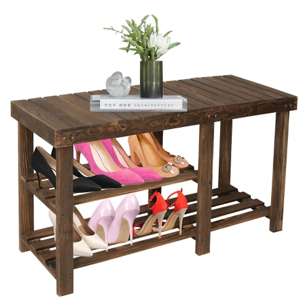 Babion Shoe Rack Bench, Shoe Storage with High Boots Storage, Dark Brown Shoes Organizer Shelf, Multi-Function Shoe Shelf, Sturdy Shoe Rack for Entryway, Bathroom, Industrial Style, Wooden Frame