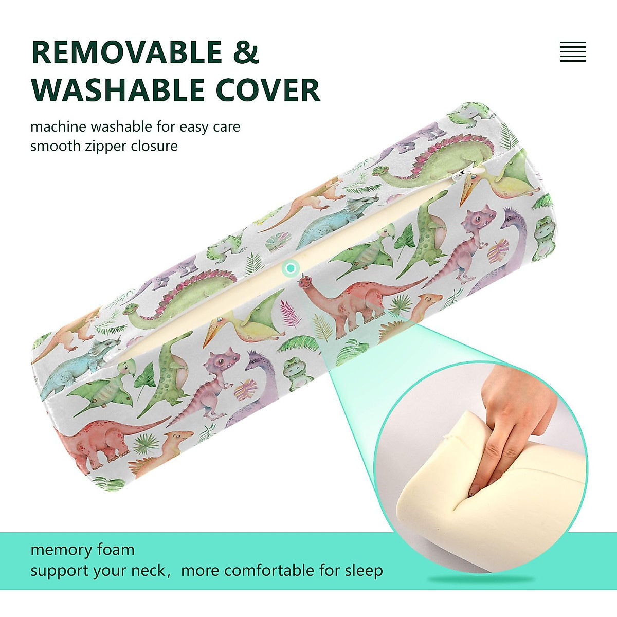 Vnurnrn Cartoon Dinosaurs Neck Support Pillow Round Neck Roll Bolster Cylinder Pillow Cervical Pillows Travel Pillow for Leg Knee Back Head Support for Work Women Men Traveling Headrest