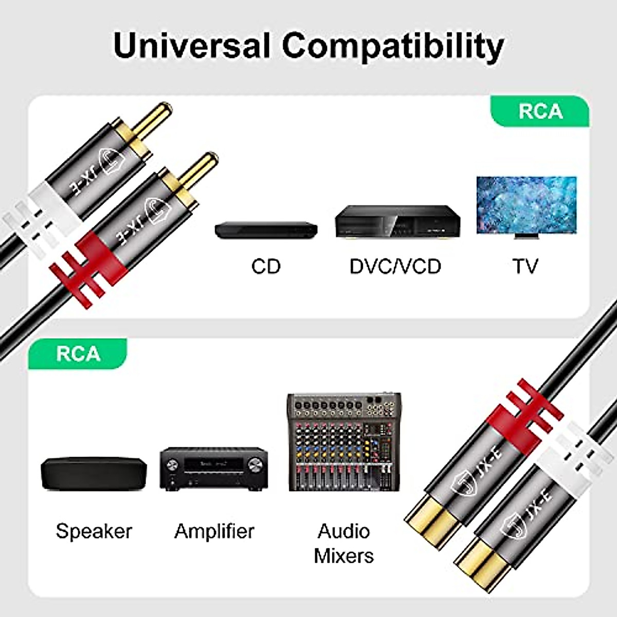 JX-E 2 RCA Extension Cable, Copper Shell 2 RCA Male to 2 RCA Female Stereo Audio Extension Cable, 3 Feet