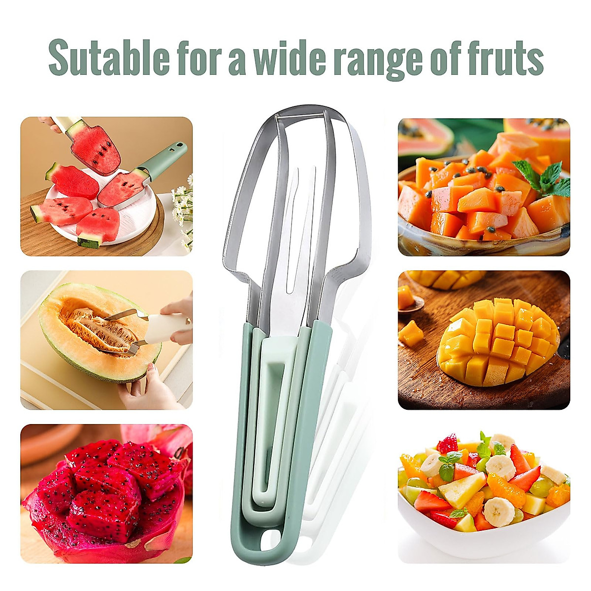 SINGYEIEC 3-in-1 Watermelon Cutter Slicer Tool, Stainless Steel Watermelon Slicer, Creative kitchen watermelon fork slicer cutter, Watermelon Popsicle Mould, melon cutter, portable fruit fork