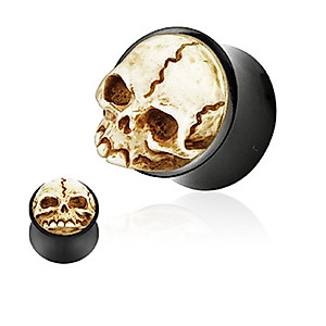 Pierced Owl 3D Skull Hand Carved Organic Buffalo Horn Double Flared Ear Plugs Gauges, Sold As Pair (16mm (5/8"))