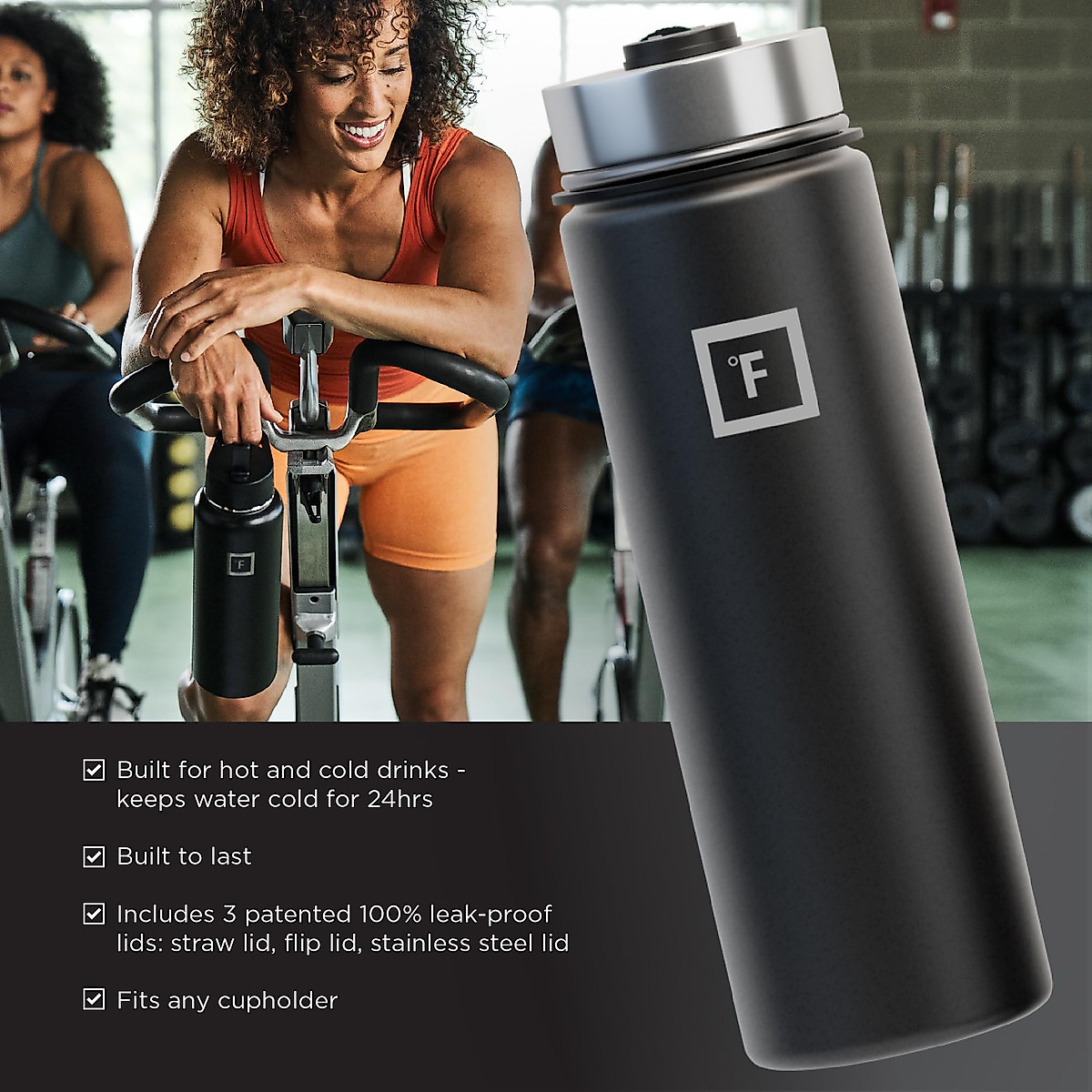 IRON °FLASK Camping & Hiking Hydration Flask, Wide Mouth, 3 Straw Lids, Stainless Steel Outdoor Water Bottle, Double Walled, Insulated Thermos, Metal Canteen - Midnight Black, 22 Oz