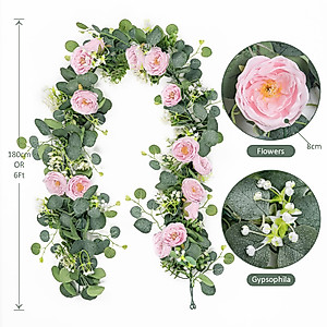 TOCHGREEN 2 Pack 13Ft Artificial Eucalyptus Flower Garland with Pink Roses, Fake Rose Flower Greenery Garland Floral Vines for Wedding Home Party Table Runner Decor (2PCS, Pink)