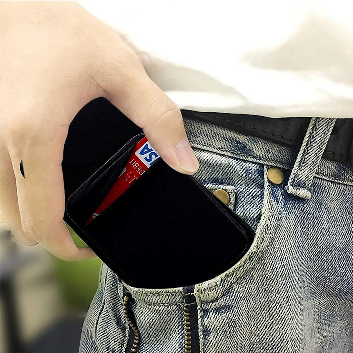 CKANDAY 4 Pack Cell Phone Card Holder with Adhesive Sticker for Back of Phone, Stretchy Fabric Card Sleeves ID Credit Card Pocket Stick On Wallet for Android Smartphones