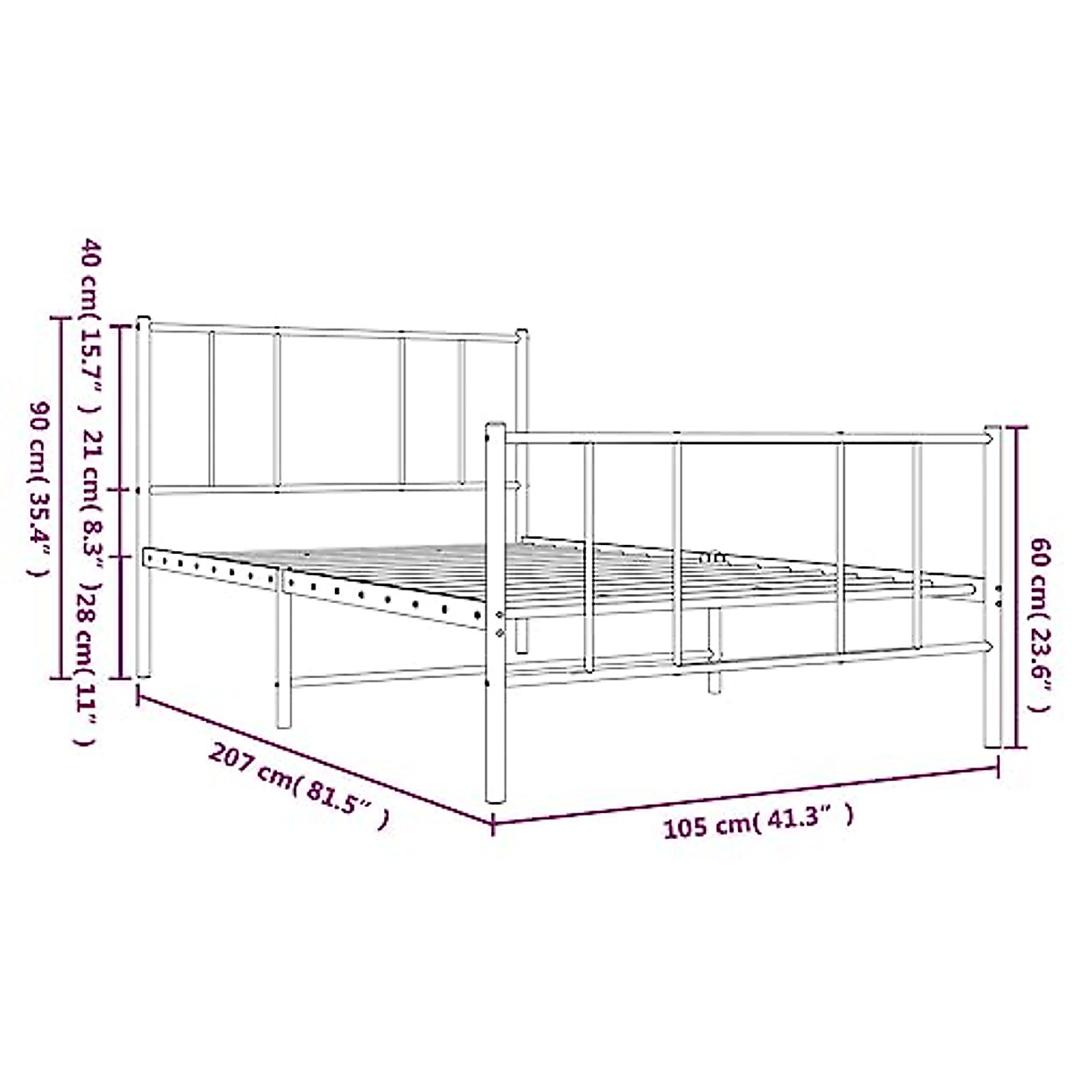 vidaXL Sturdy Steel Single Bed Frame with Headboard & Footboard - White - Metal Slats for Breathability - Convenient Under-Bed Storage Space - 81.5" x 41.3" x 35.4"