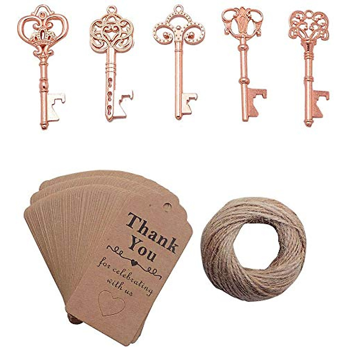 50pcs Rose Gold Skeleton Key Beer Bottle Opener With 100 Pcs Thank You Card and 98 Feet Hemp Rope for Wedding Party Favors