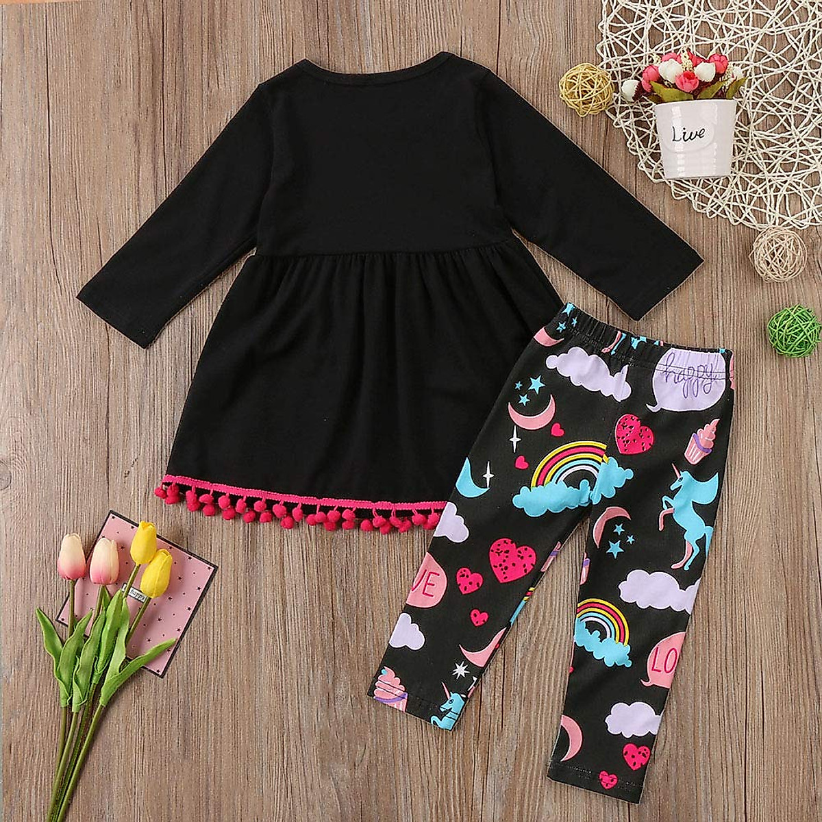Fashion Kids Toddler Girl Long Sleeve Tunic Top Dress+Floral Pants Outfit Set Spring Fall Clothes (Black Unicorn, 5-6X)