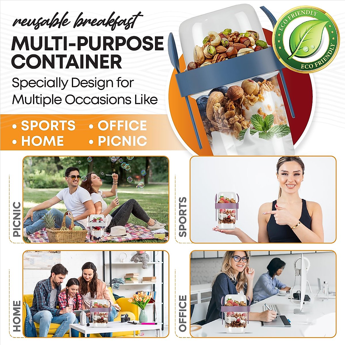 QUASLEQ 4-Pack Yogurt Parfait Cups - with Lids and Spoons - Reusable Yogurt Containers for On-the-Go - Portable Yogurt Cups with Topping Storage - Ideal for Oatmeal and Breakfast Prep (22 oz-650 Ml)
