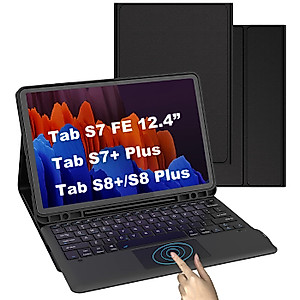 For Samsung Galaxy Tab S7 FE / S7 Plus /S8+ 12.4 inch Case with Keyboard - Smart Detachable Wireless Touchpad Tablet Keyboard Cover - Tab S7 FE 2021/ S7+ 2020/S8+ Keyboard Case with S Pen Holder Black