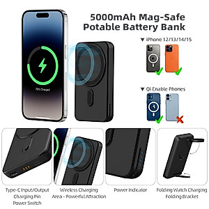 DDUAN 3 in 1 Wireless Charging Station, Foldable Fast Charger Stand with 5000mAh Mag-Safe Portable Battery Bank for iPhone 15/14/13/12, for All Apple Watch, for AirPods 2/3/Pro (Black)
