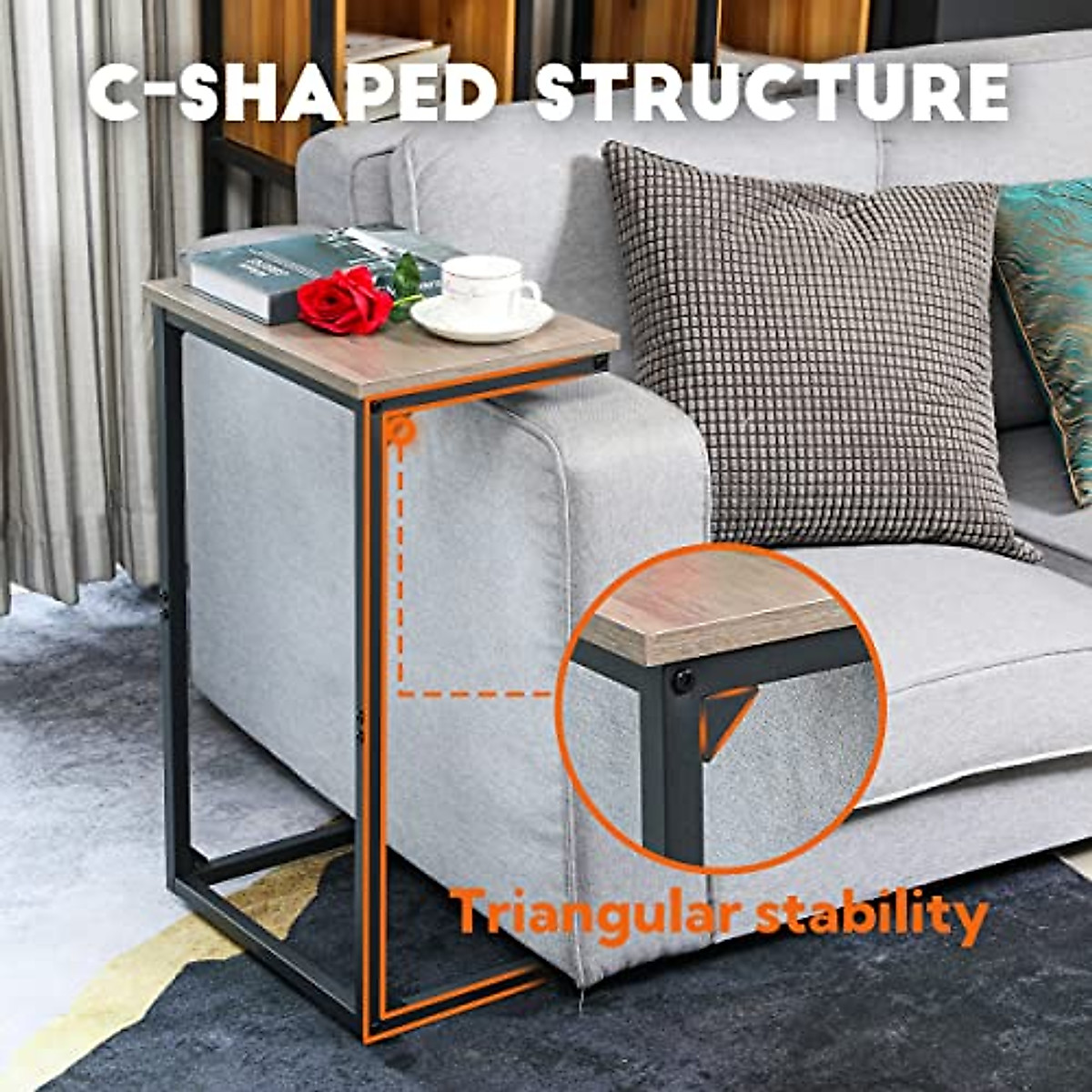 AMHANCIBLE Tall C Shaped End Table Set of 2, Side Tables for Sofa, Couch Table, Small workstations, TV Tray Table for Living Room, Bedroom, Office, Metal Frame, HET02BGY