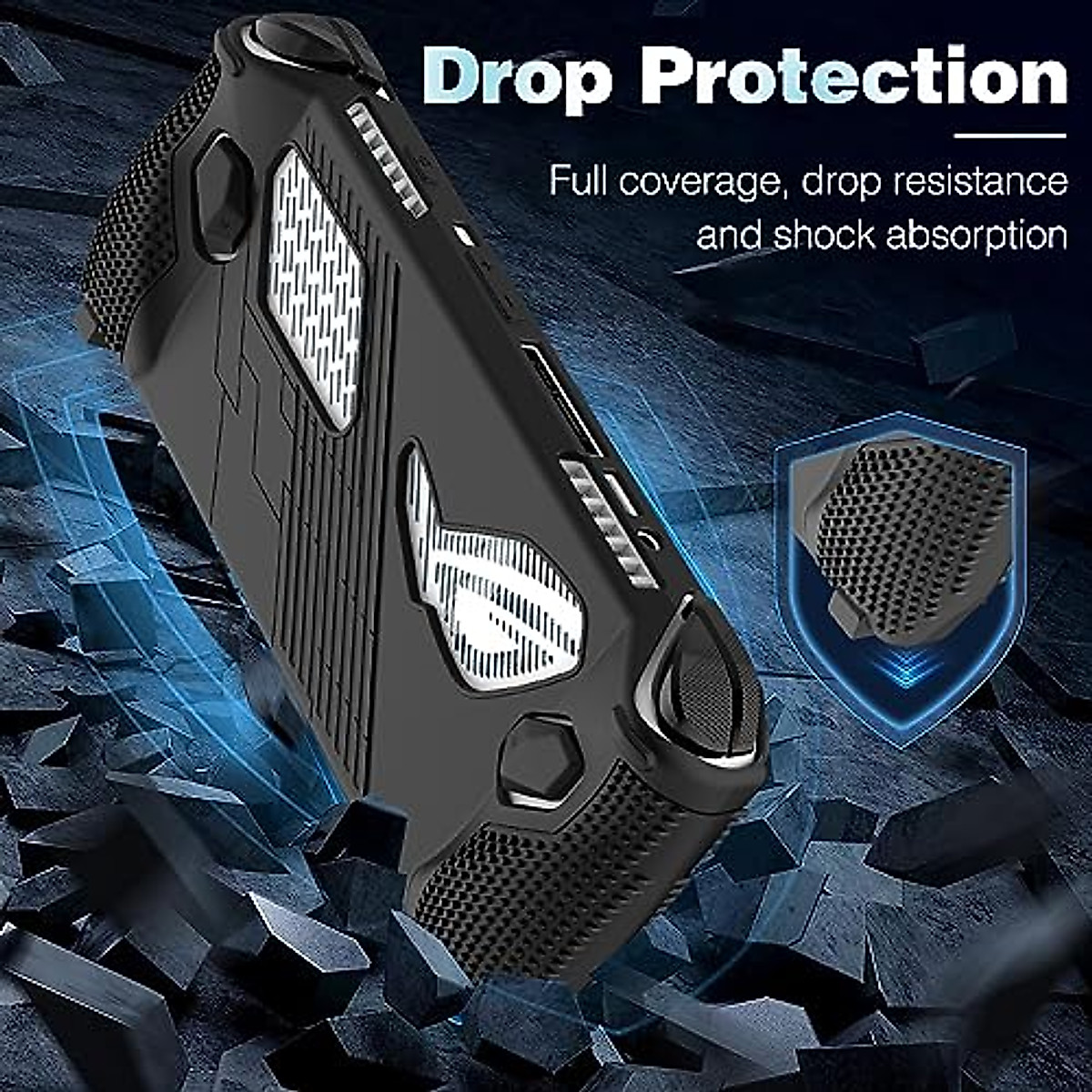 SUIHUOJI for Rog Ally Stand Protective Case, Silicone Accessories Protector, Soft Cover Skin Shell with 2 Pairs Thumb Grips Caps, Full Protection Kickstand for ASUS Rog Ally Handheld (Black)