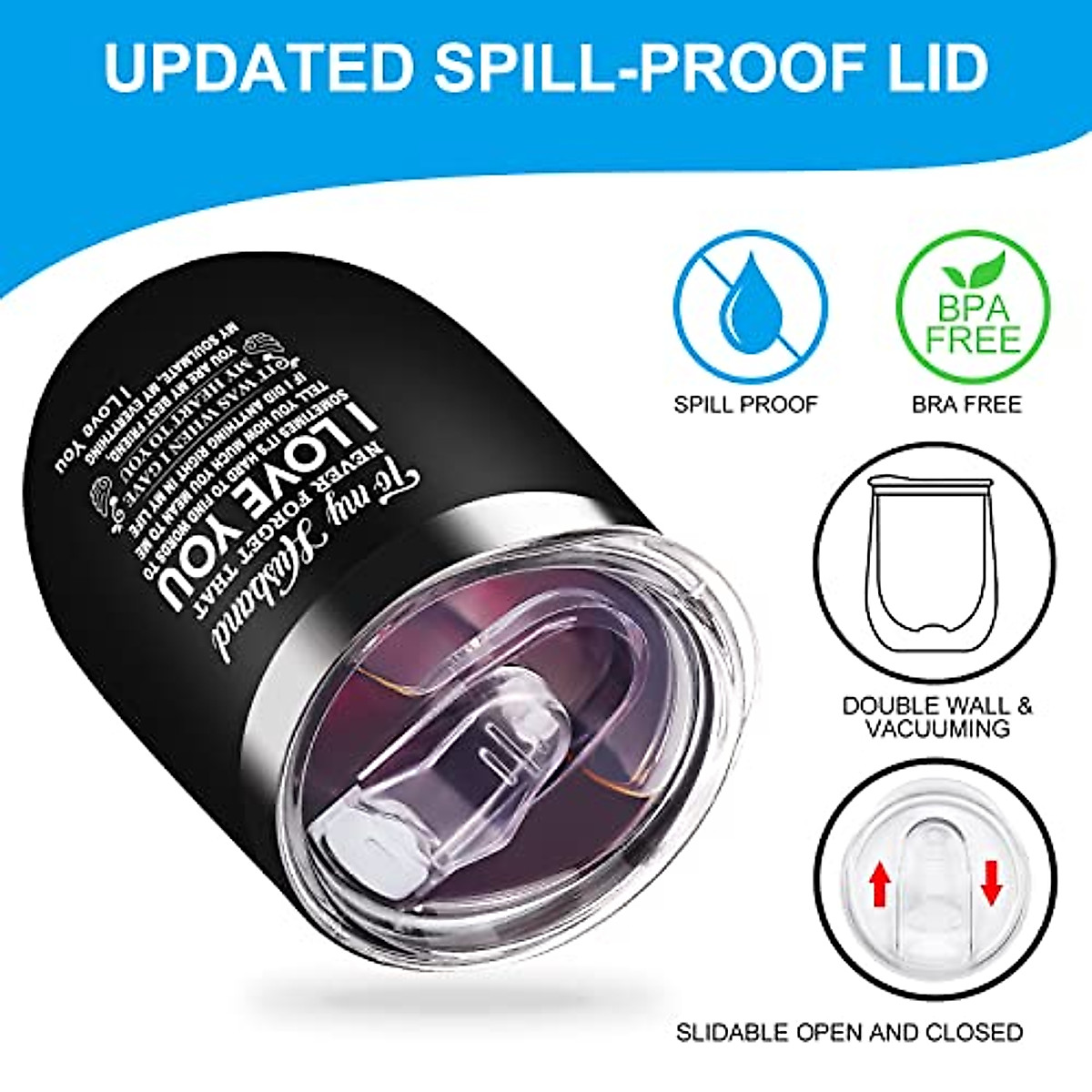 HAINANBOY Gift for Husband Wine Tumbler Anniversary Birthday Gift for Him, with Lid Stemless Double Wall Stainless Steel 12 oz Wine Glasses - Black Tumbler Present for Husband from Wife