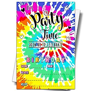 YSTEP Tie Dye Birthday Party Invitations, 20 Invite Cards with Envelopes, 4"x6" It's Party Time Birthday Invites - B21