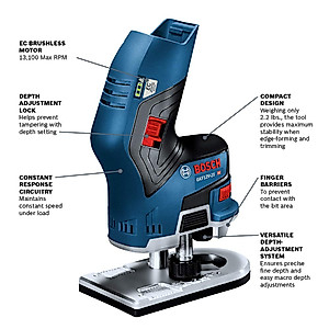 Bosch 12V Max Palm Edge, 13000 RPM EC Brushless Motor, Bare Tool Router with Cordless Convenience, Depth-Adjustment System (Renewed)
