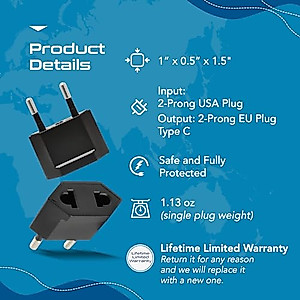 Ceptics USA, Canada to European Plug Adapter - Type C Adapter compatible in Europe, Canada to European travel plug adapter Ideal for Phones, Camera & more - CE Certified - RoHS Compliant - 6 Pack