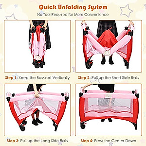 BABY JOY 4 in 1 Pack and Play, Portable Baby Playard with Bassinet, Changing Table w/Safety Belt, Zippered Door, Hanging Toys, Baby Pink Bassinet & Cribs Activity Center from Newborn to Toddler (Pink)