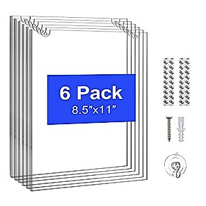 Acrylic Sign Holder 8.5" X 11" - Wall Mount Acrylic Frames for Picture, Poster and Flyer - Clear Plastic Sign Holder with 3M Tape Adhesive, Suction Cups and Screws, Pack of 6 Thick Poster Holder