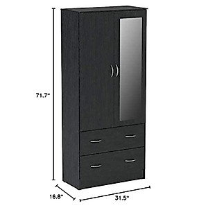 Hodedah Two Door Wardrobe with Two Drawers and Hanging Rod plus Mirror, Black