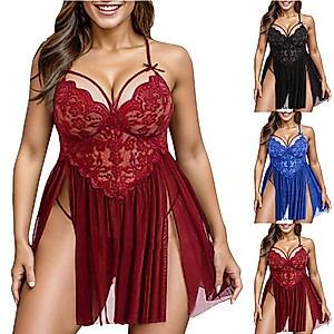 Lingerie for Women Lace Babydoll Chemise High Split Maxi Nightgown Sheer Mesh See Through Sleepwear Teddy Nightie Bridal Nightdress Womens Lingeries Nightgowns for Women Sexy Lingerie for Women Blue