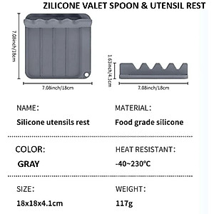 Zilicone Valet Silicone Spoon Rest with Drip Pad - 4 Slotted Spoon Rest for Kitchen Utensils, Tongs, Ladles - Heat Resistant Spoon Holder for Stove Top, Countertops, & Tables (Gray, 1)