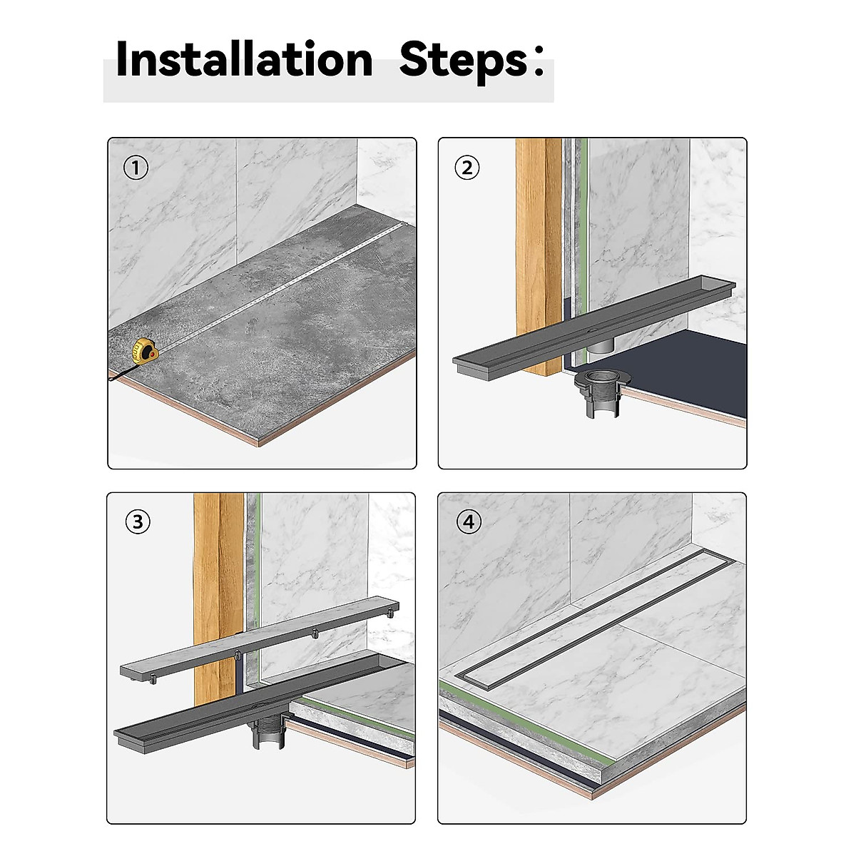 HTOH Shower Drain, 2 in 1 Linear Shower Drain 24 Inch(Brushed Nickel), 304 Stainless Steel Shower Floor Drain with Tile Insert Grate,Adjustable Feet,Hair Filter
