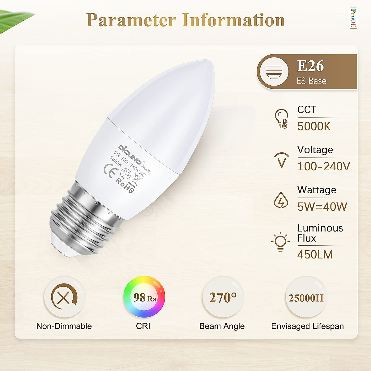 DiCUNO ProOE Eye-Protected E26 LED Bulb, High CRI 98, 5W E26 Candle Bulb, Daylight White 5000K, C37 40W Halogen Equivalent Decorative Light Bulb Replacement for Chandelier, Non-dimmable 6 Pack