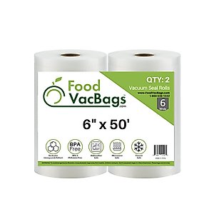 2 FoodVacBags 6" X 50' Rolls Embossed Vacuum Sealer Bags