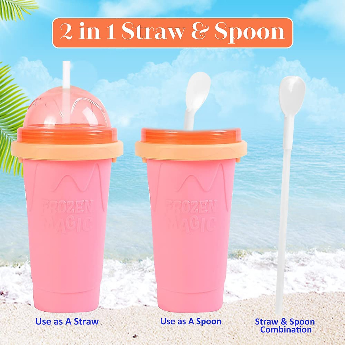 Slushy Cup - Tik Tok Magic Quick Frozen Smoothie Cup, Double Layer DIY Homemade Slushy Maker Cup, Food Grade Silicone Slushie Maker Cup with Spoon & Cleaning Brush for Kids, Birthday Gift - Pink New