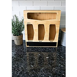 JMJ Ziplock Storage Bag Organizer for Kitchen Drawer, Pantry, Countertop. Bamboo Dispenser Fits Gallon, Sandwich, Quart, Snack. Fits 12" Foil or Plastic Wrap Roll