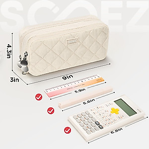 Sooez Large Pencil Case Pouch,Extra Big Pencil Bag with 8 Compartments,Pen Bag Wide Opening,Soft Quilted Pencil Pouch Organizer with Zipper,Portable Pencil Case for Teen Girls,Beige