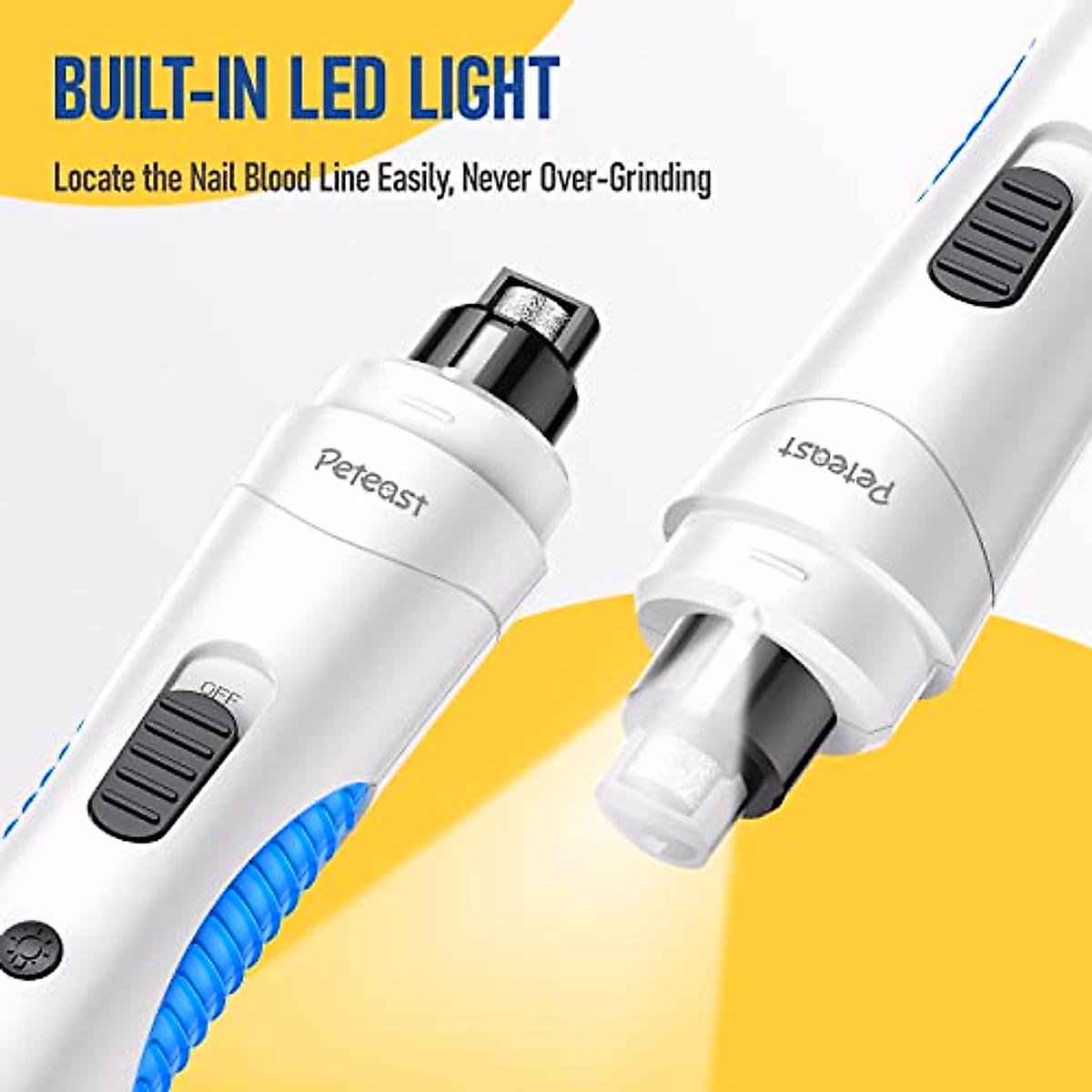 Peteast Electric Dog Nail Grinder Professional, Upgraded Type C W LED Lighting, Quiet Painless Safe Smooth Paw Grooming, Powerful 7 Speeds Clipper Trimmer (White)