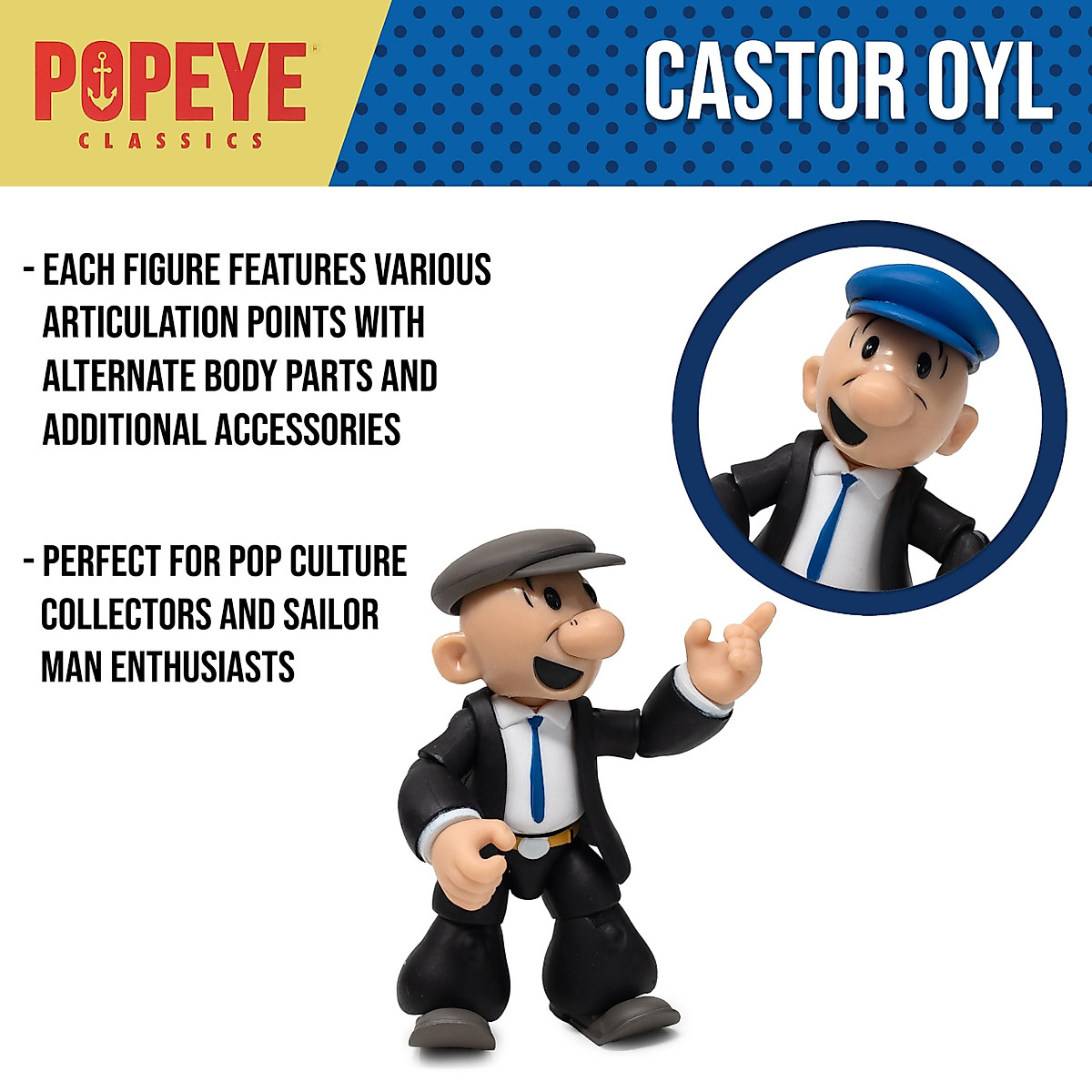 Boss Fight Studio Castor OYL Popeye Classics Wave 1 Collectible Action Figure – Highly Articulated Figurine and Accessories Including Eugene The Jeep, Bernice The Whiffle Hen, & Removable Hats – 1:12