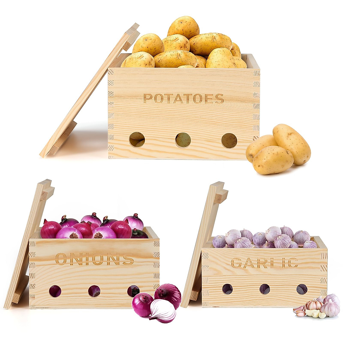Vegetable Wooden Storage Bins, 3 PCS Potato Onion and Garlic Storage Containers Stackable Vegetable Storage Boxes with Ventilation Holes and Removable Lids for Kitchen Countertop, 6.6", 7.9", 9.1"