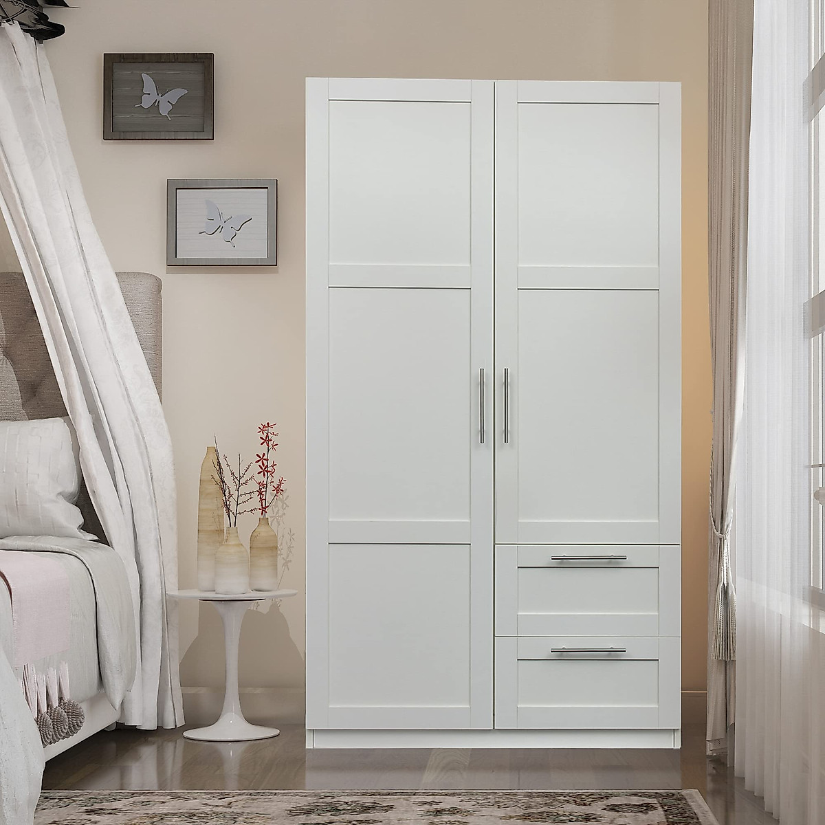 High Wardrobe and Kitchen Cabinet with 2 Doors, 2 Drawers and 5 Storage Spaces,White
